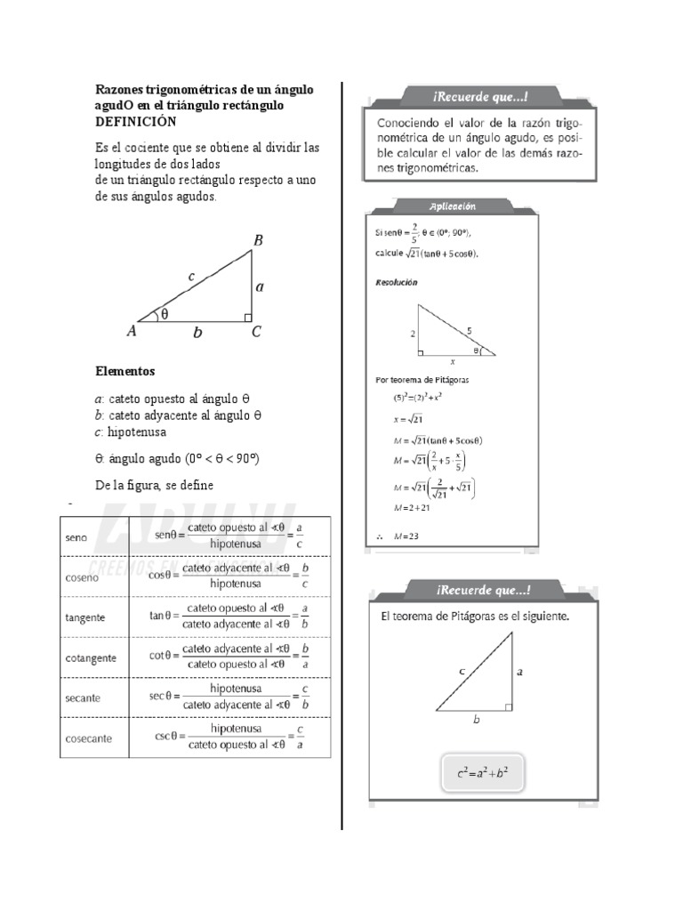 Razones trigonométricas de un ángulo agudo en un triángulo rectángulo ...