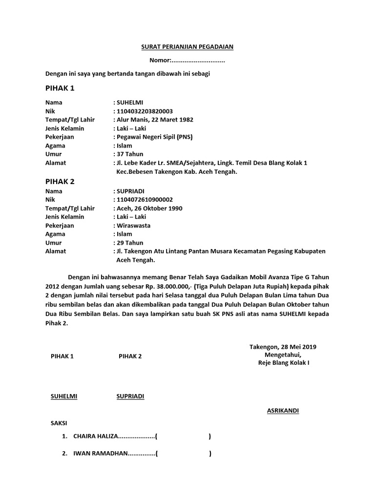 Surat Perjanjian Pegadaian | PDF