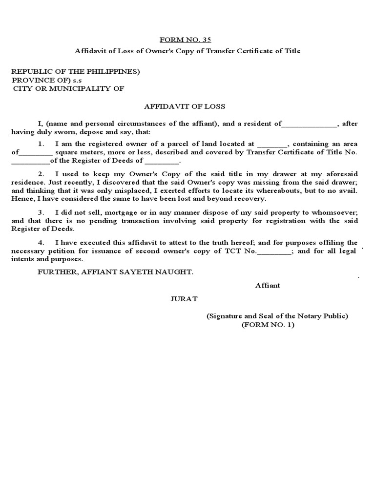 35 Affidavit of Loss of Owner's Copy of Transfer Certificate of Title ...