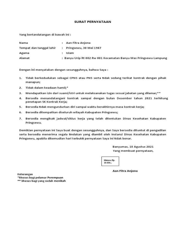 Format Surat Pernyataan Relawan Covid | PDF