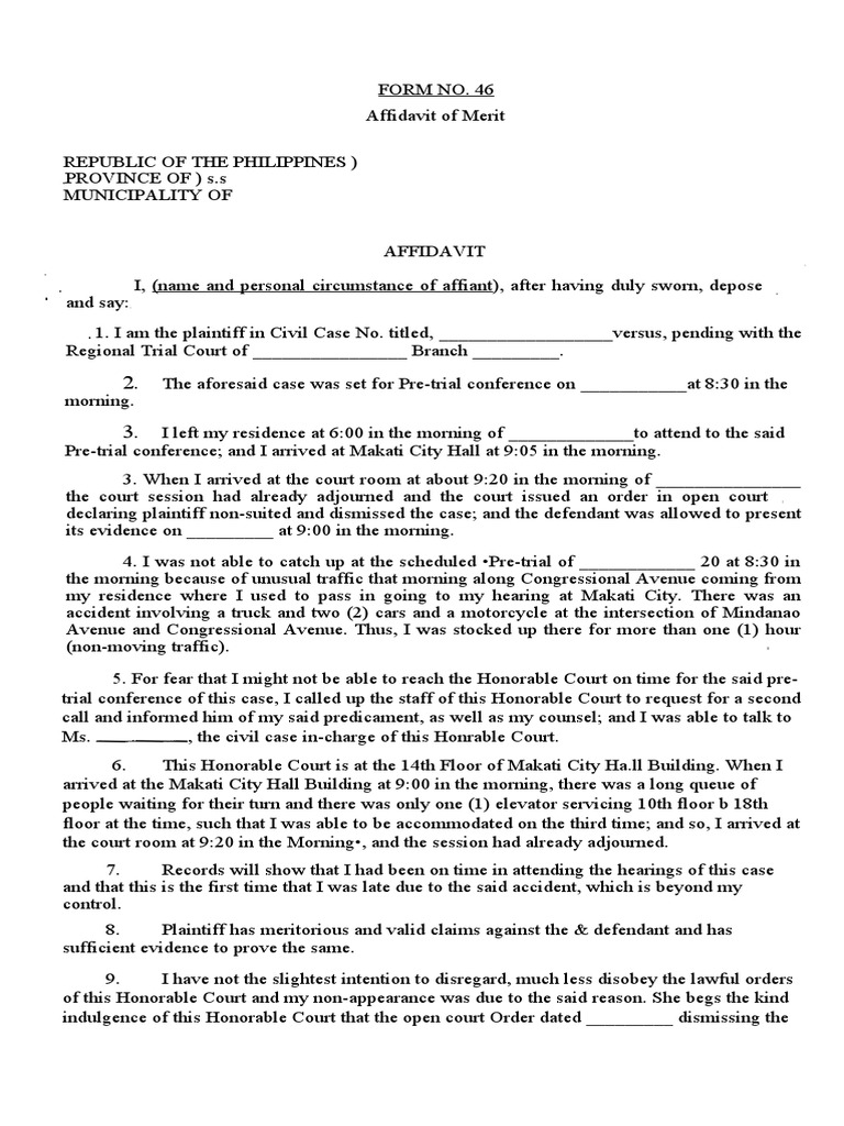 An Affidavit Explaining a Plaintiff's Lateness to a Court Hearing Due to Traffic Issues | PDF ...
