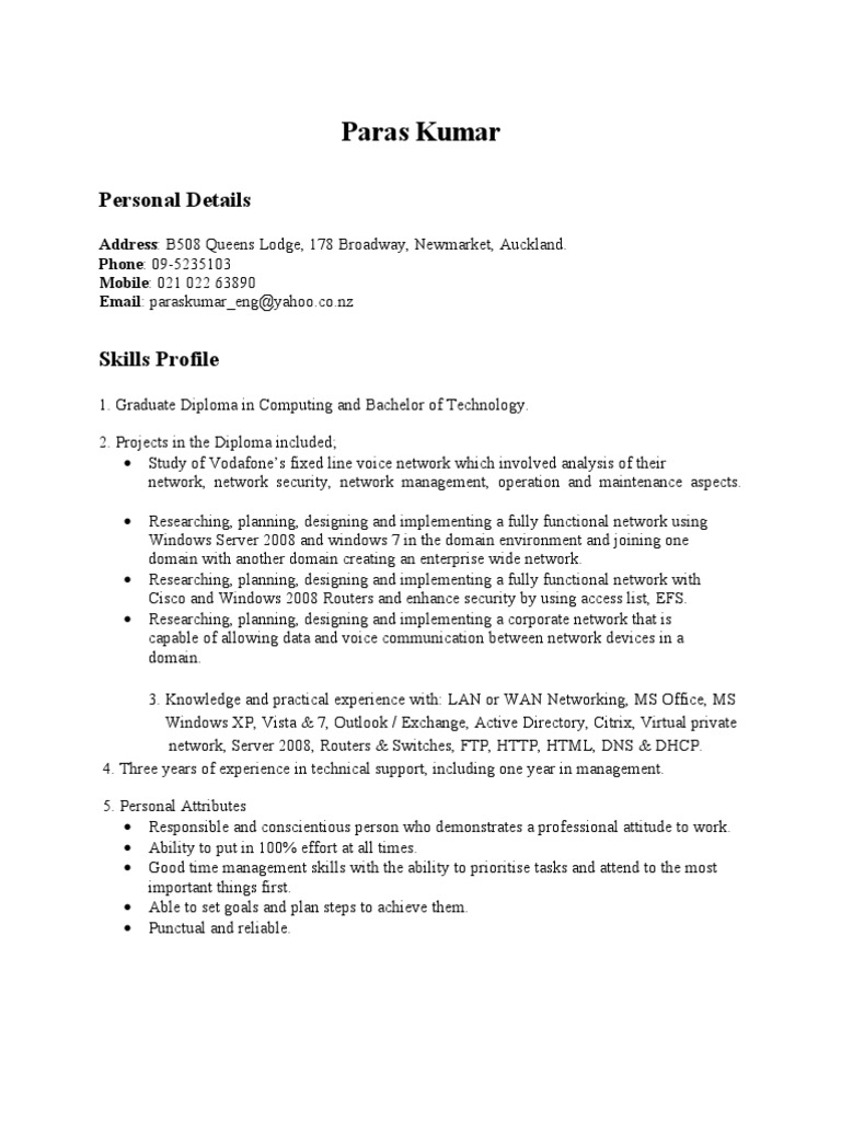 Paras Kumar CV | PDF | Computer Network | System Software