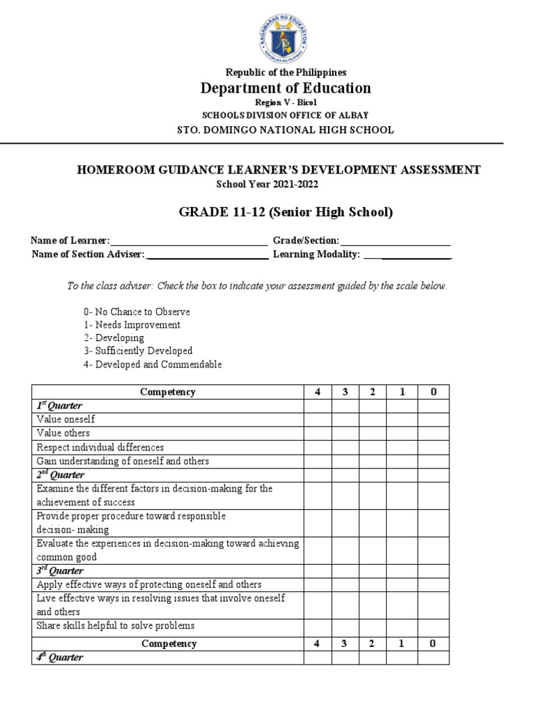 Homeroom Guidance Learner's Development Assessment (Senior High School ...