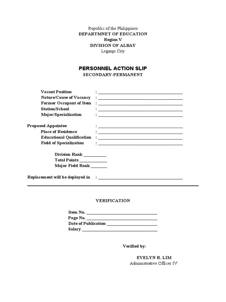 Personnel Action Slip Template | PDF
