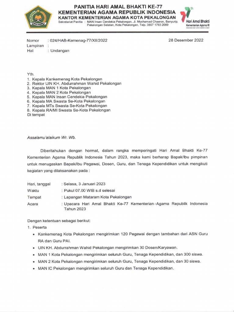 Undangan Upacara HAB 77 Kemenag | PDF