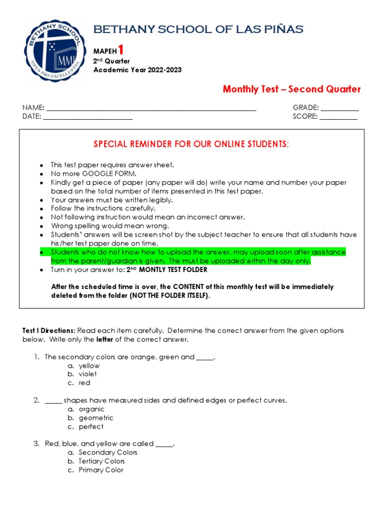 Mapeh 1 Monthly Test | PDF | Perpendicular | Geometry