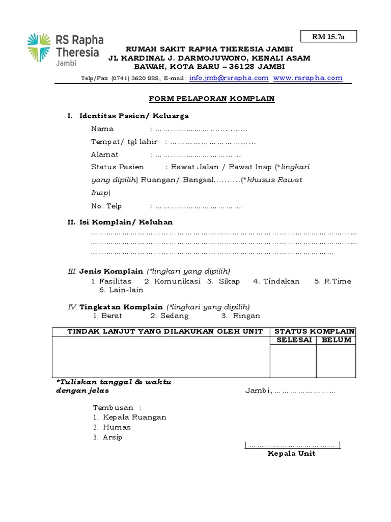 Formulir Komplain RS Rapha Jambi | PDF