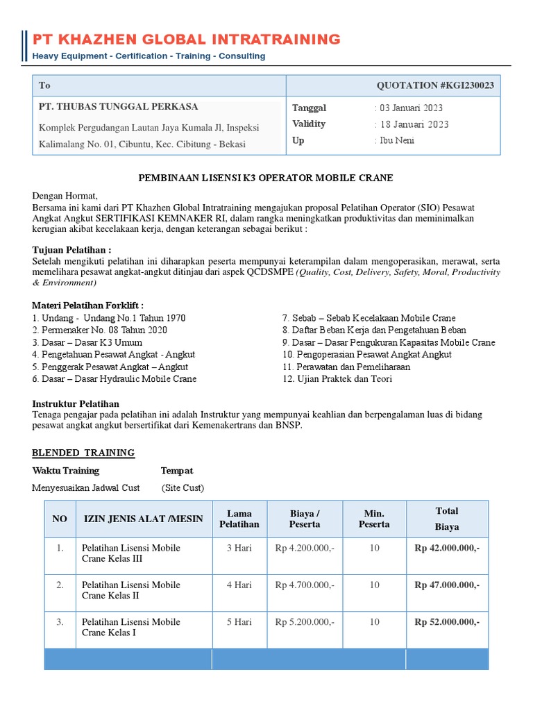 PH-KGI230023 Inhouse Training Mobile Crane PT. Thubas Tunggal Perkasa | PDF