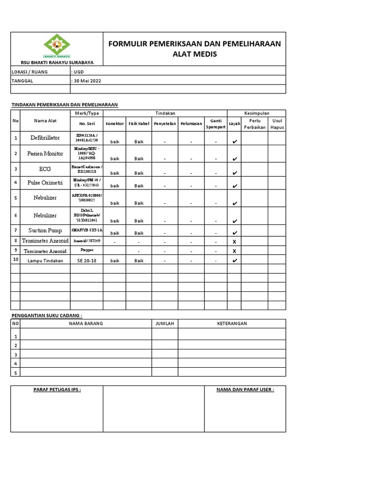 Formulir Pemeriksaan Dan Pemeliharaan Alat Medis Juni 2022 | PDF