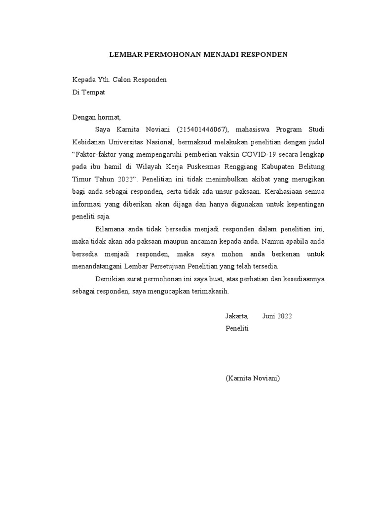 Contoh Lembar Permohonan Menjadi Responden | PDF