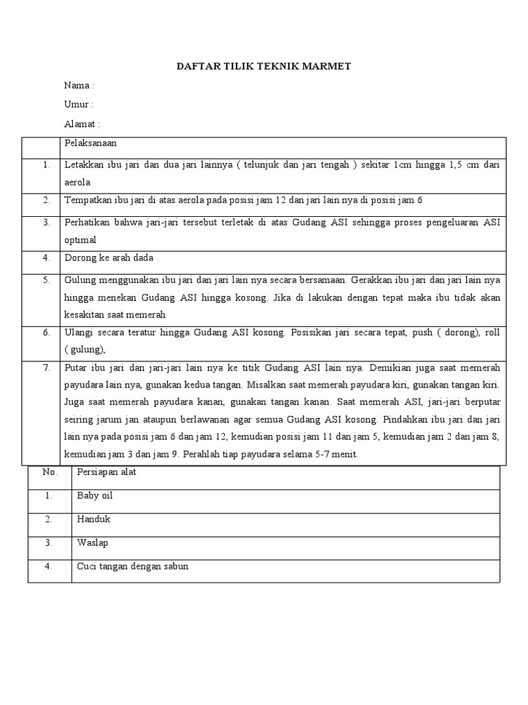 Daftar Tilik Teknik Marmet | PDF | Kesehatan Holistik