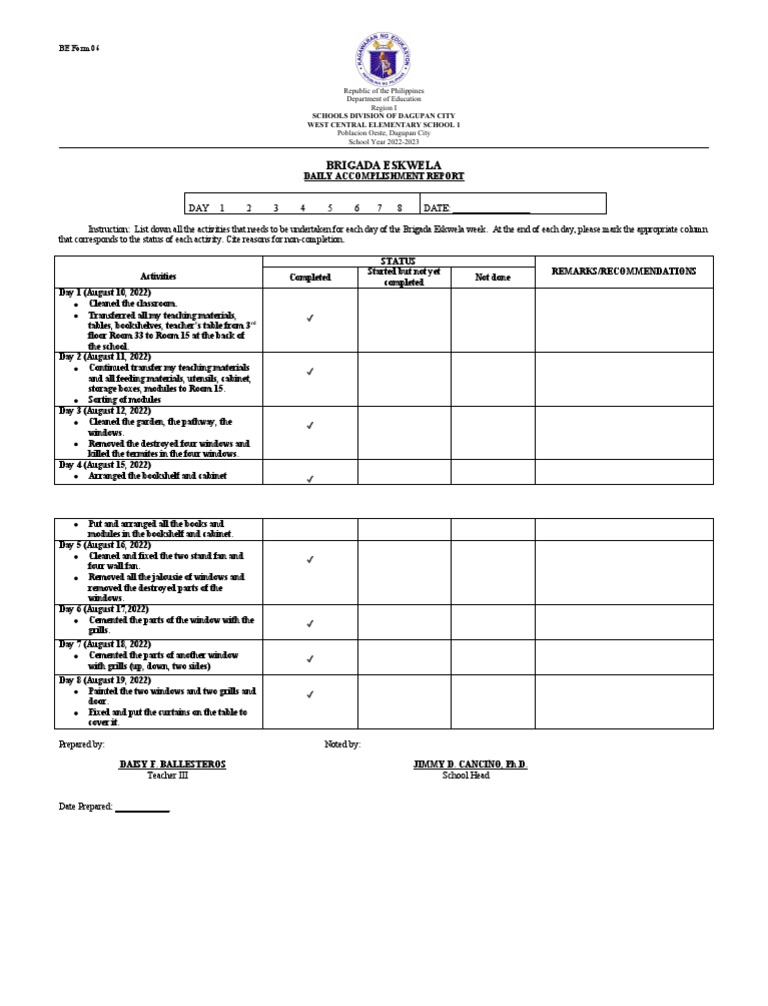 Be Form 6 Daily Accomplishment Report | PDF