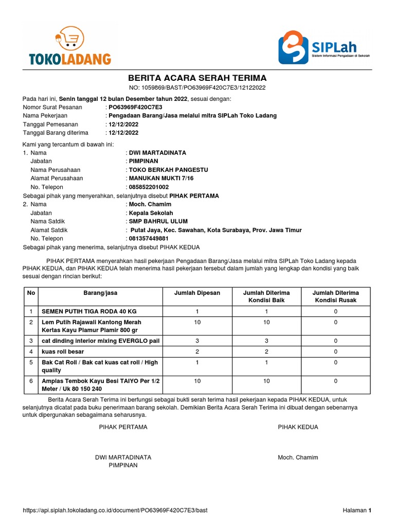 Berita Acara Serah Terima Barang | PDF