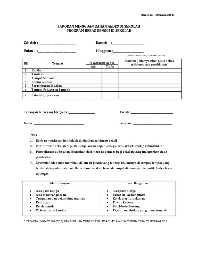 Borang KD1 - Laporan Mingguan Kajian Aedes Di Sekolah | PDF