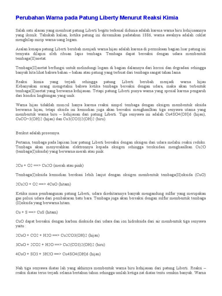 Perubahan Warna Pada Patung Liberty Menurut Reaksi Kimia | PDF | Seni ...