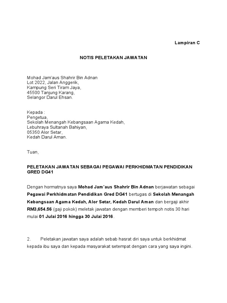 Surat Peletakan Jawatan - Contoh | PDF