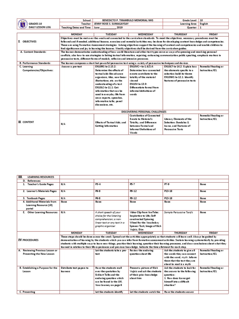 English DLL G10 First Quarter | PDF | Learning | Teaching Method