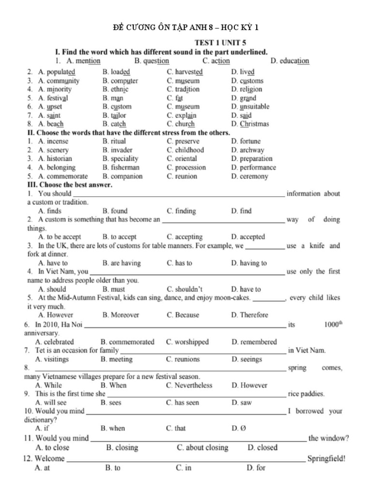ĐỀ CƯƠNG ÔN TẬP ANH 8 | PDF