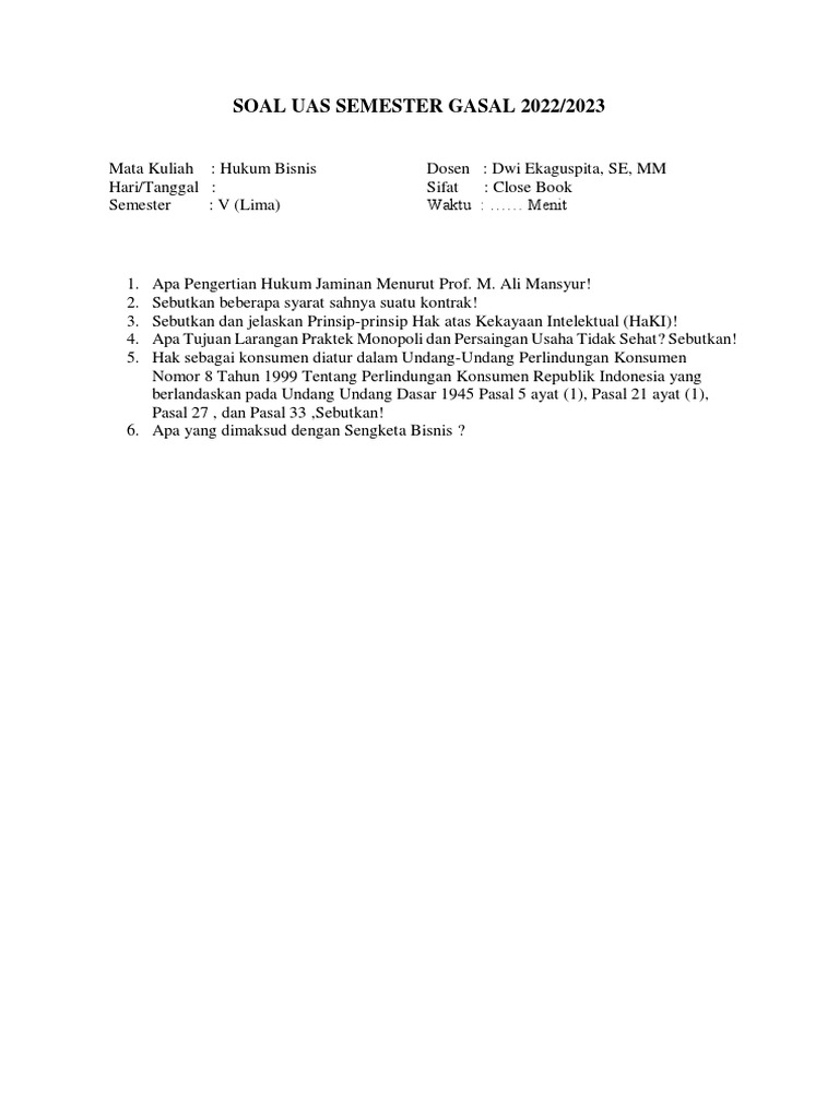Soal Uas Semester Gasal 2022, Hukbis | PDF