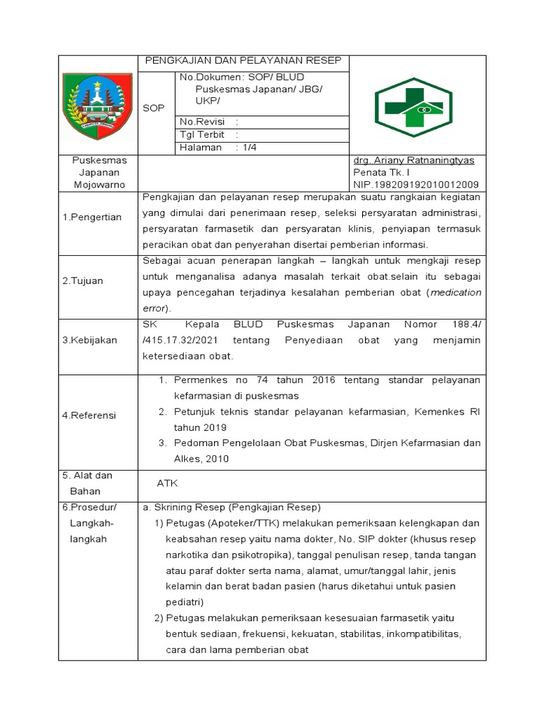 Sop Pengkajian Pelayanan Resep Pdf