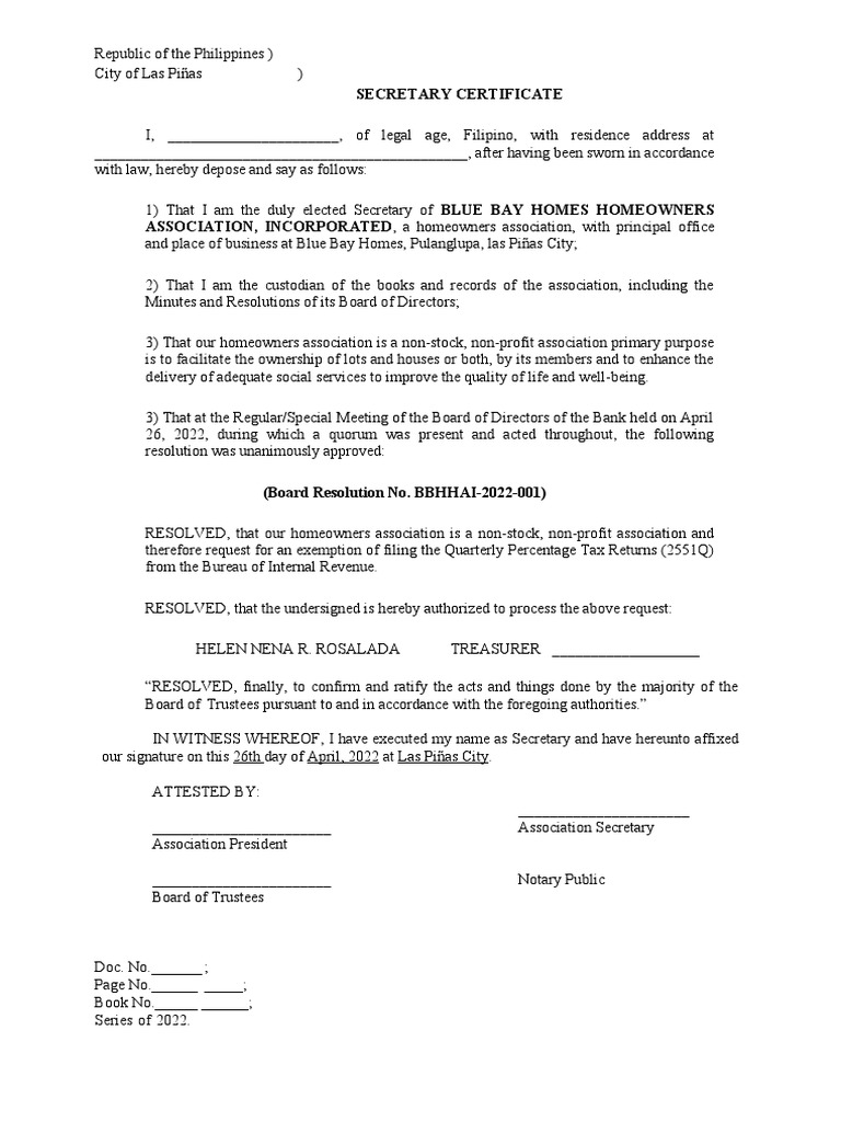 Secretary Certificate for HOA Resolution | PDF | Government Finances ...