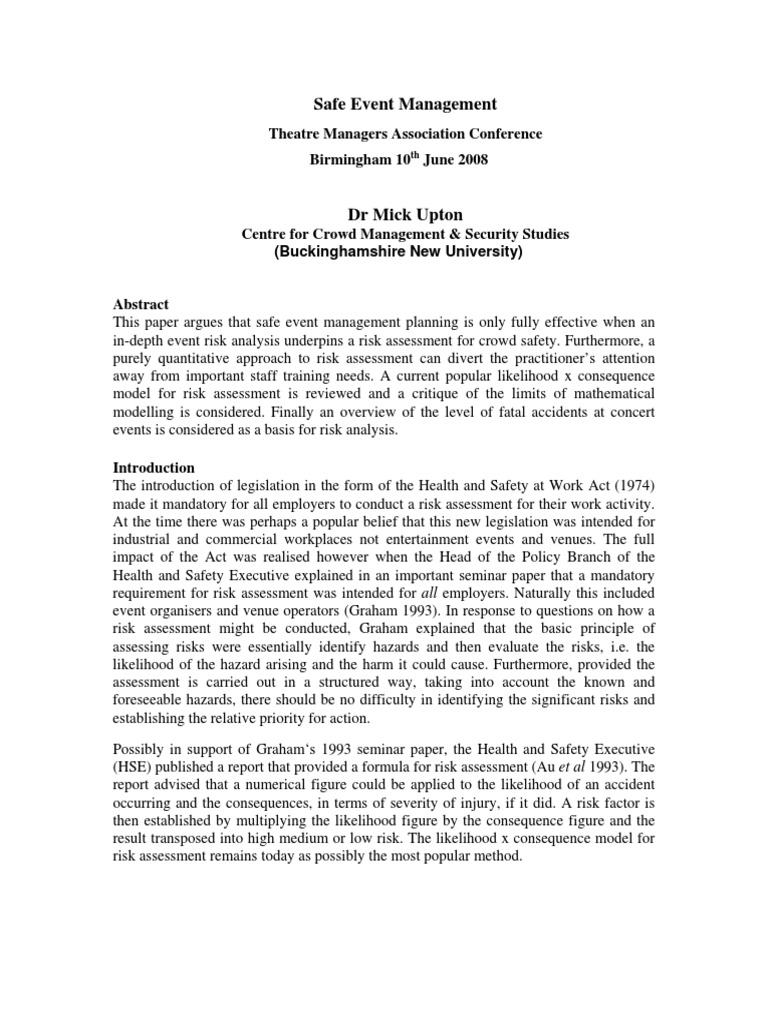 Safe Event Management and Risk Analysis | PDF | Risk | Risk Assessment