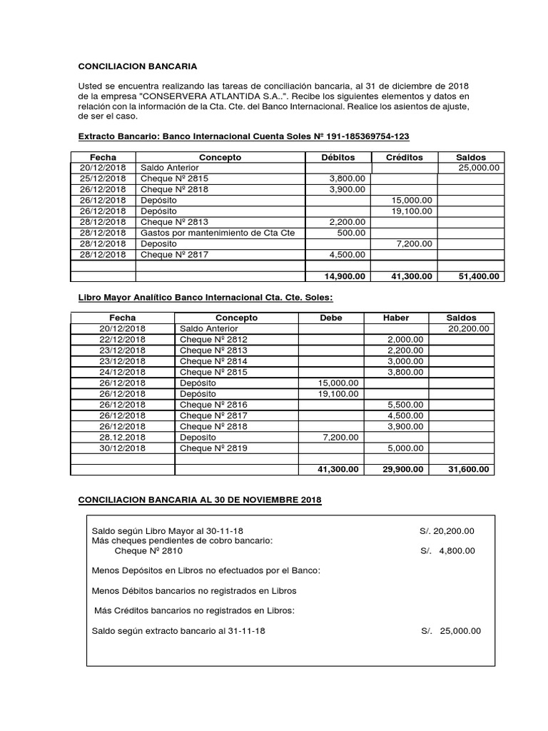 Ejercicio de Conciliación Bancaria | PDF | Bancos | Cheque