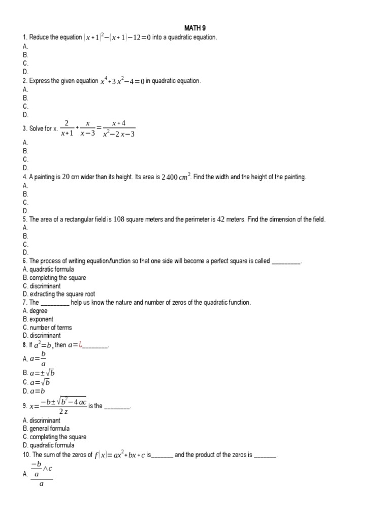 Reduce Quadratic Equations Math Problems | PDF | Quadratic Equation ...