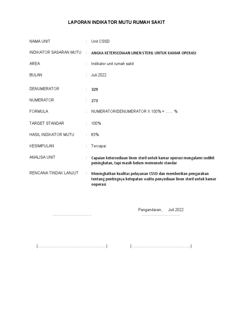 Laporan Indikator Mutu Unit CSSD | PDF
