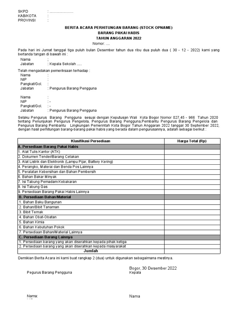 Contoh Format BA STOCK Opname Bulan Januari - Desember 2022 | PDF
