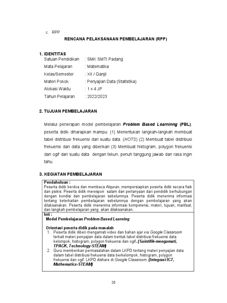 RPP Statistika Problem Based Learning | PDF | Seni