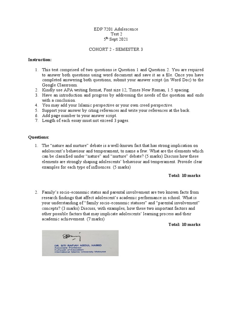 Soalan TEST 2 Adolescent | PDF