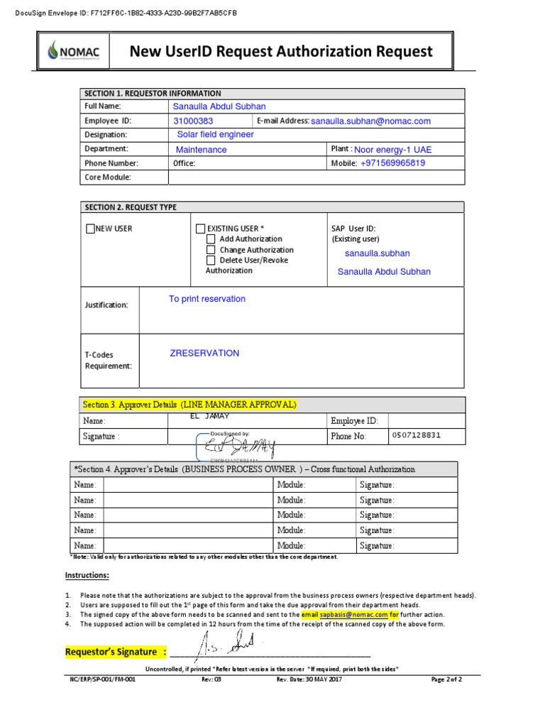 New User ID Request Authorization Form for Sanaulla Abdul Subhan ...