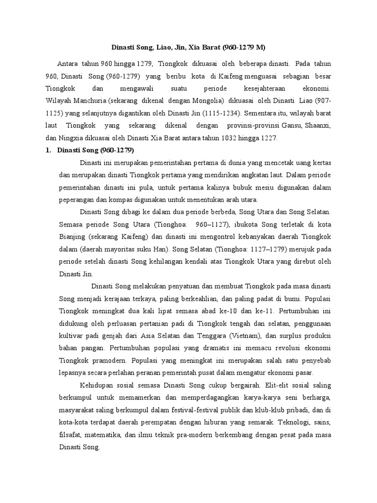 Dinasti Song, Liao, Jin, Xia Barat (960-1279) | PDF