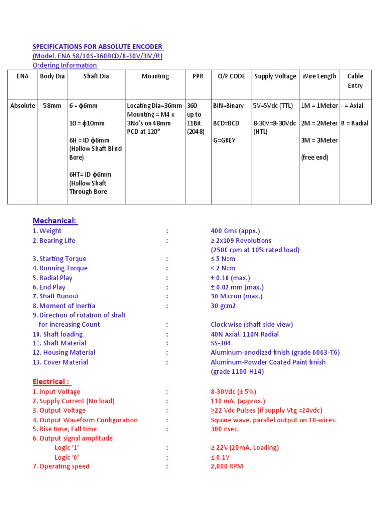 Specifications for Absolute Encoder (ENA 58/10S-360BCD/8-30V/3M/R | PDF | Electricity | Electronics