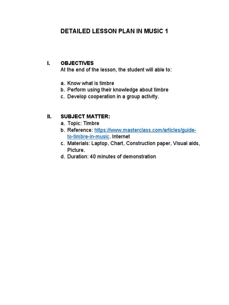 Detailed Lesson Plan in Music Timbre | PDF | Performing Arts | Sound