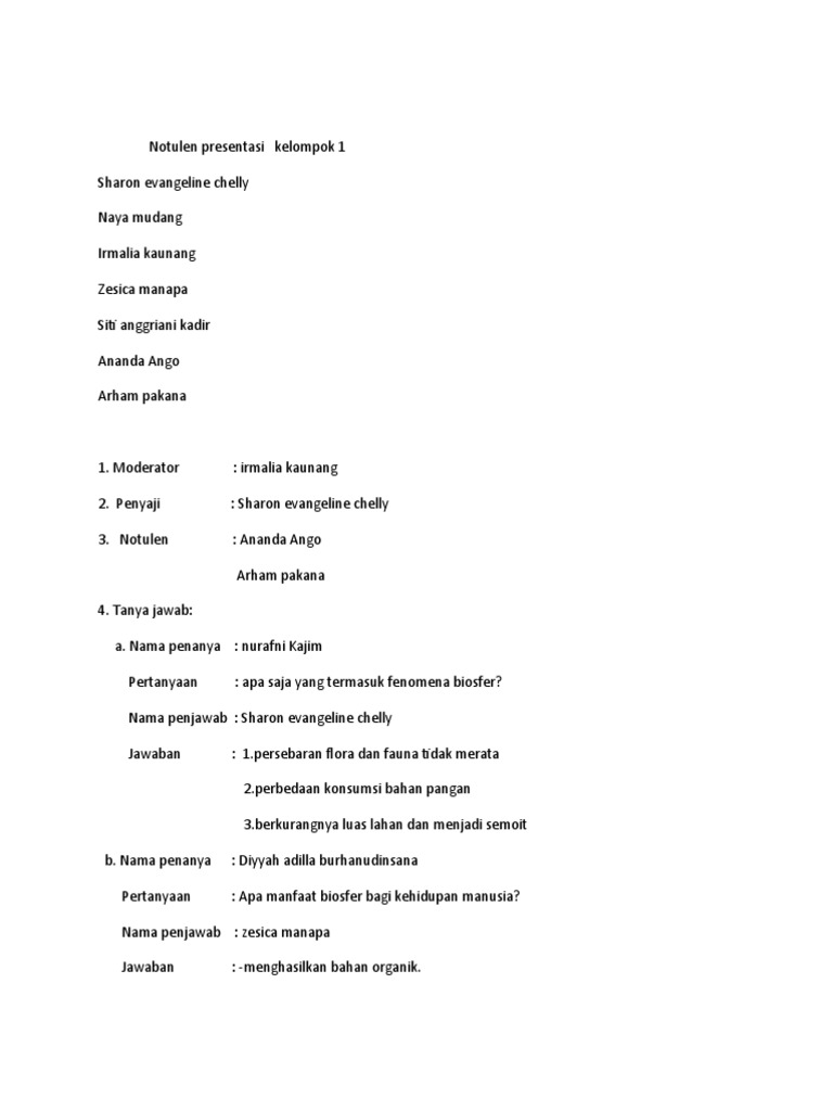 Notulen Presentasi Biosfer Kelompok 1 | PDF | Sains & Matematika