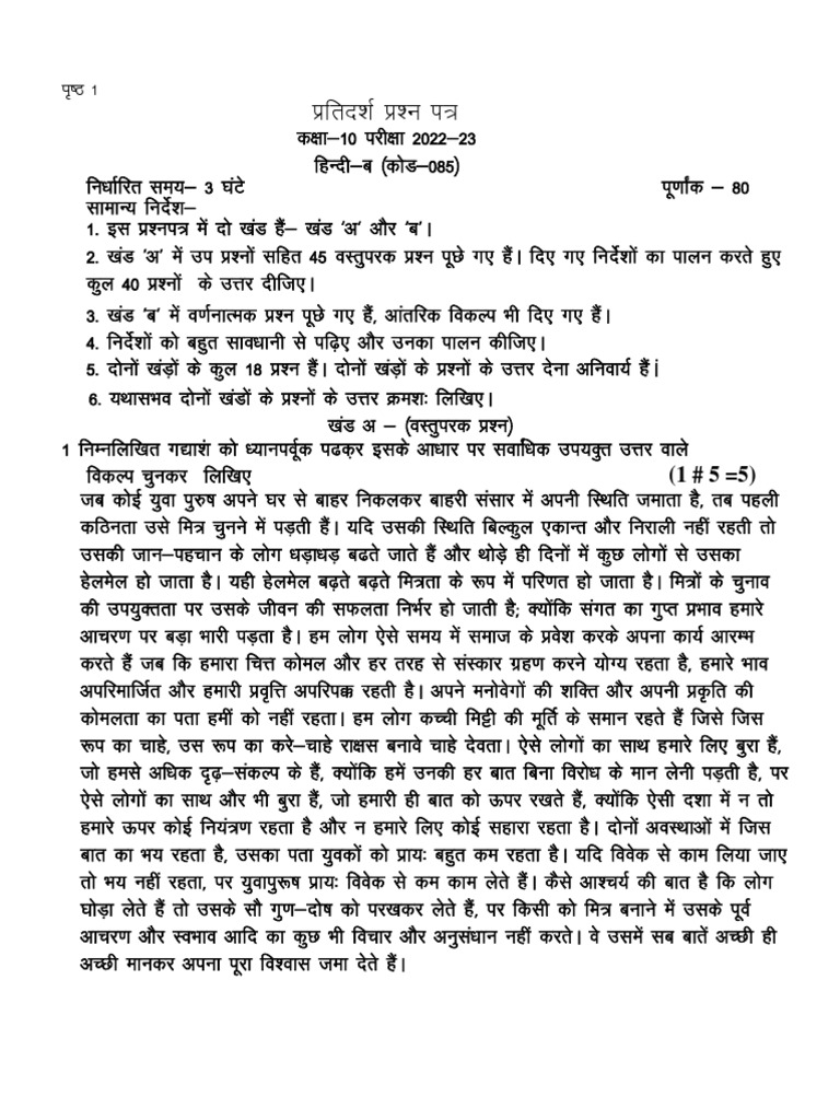 10 Hindi QP | PDF