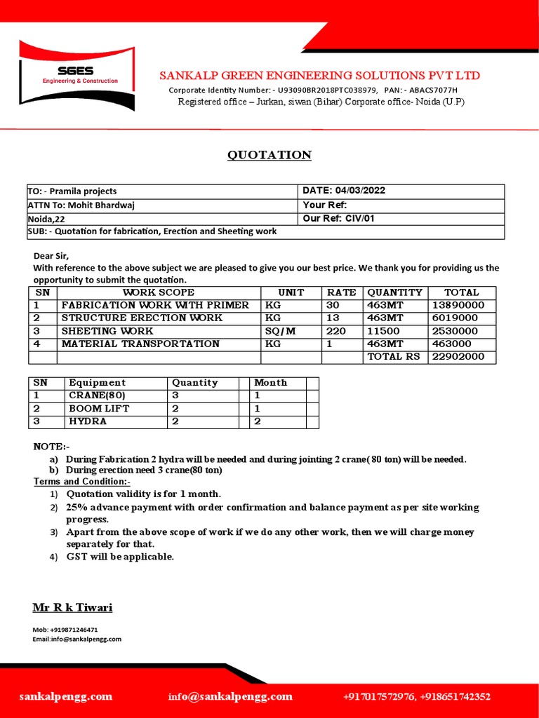Commercial Quotation of Fabrication, Erection and Sheeting Work 1 | PDF