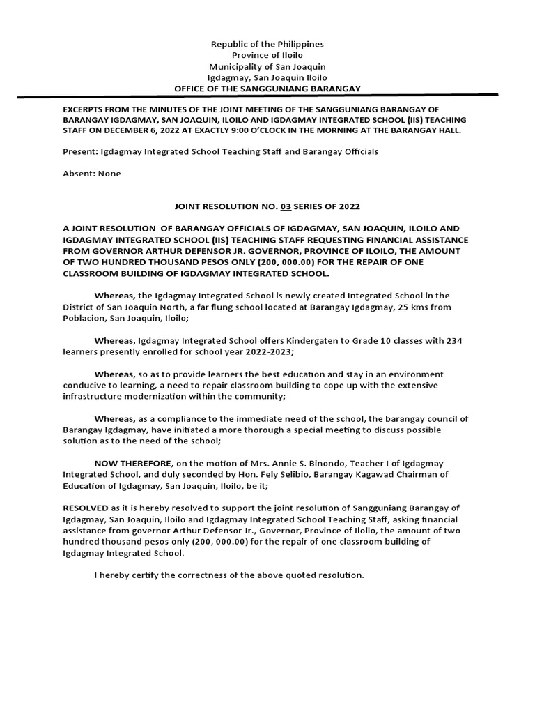 BRGY. RESOLUTION SEF Final | PDF