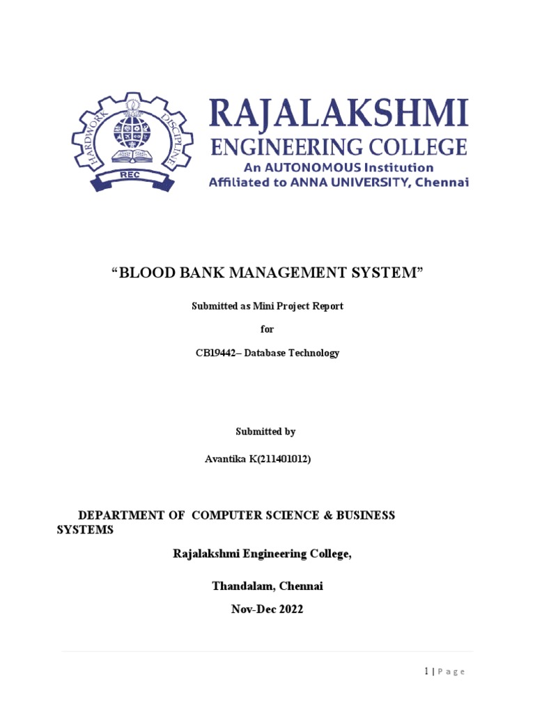 DBMS Project Report - BLOOD BANK MANAGEMENT | Download Free PDF | Relational Database | Data Model