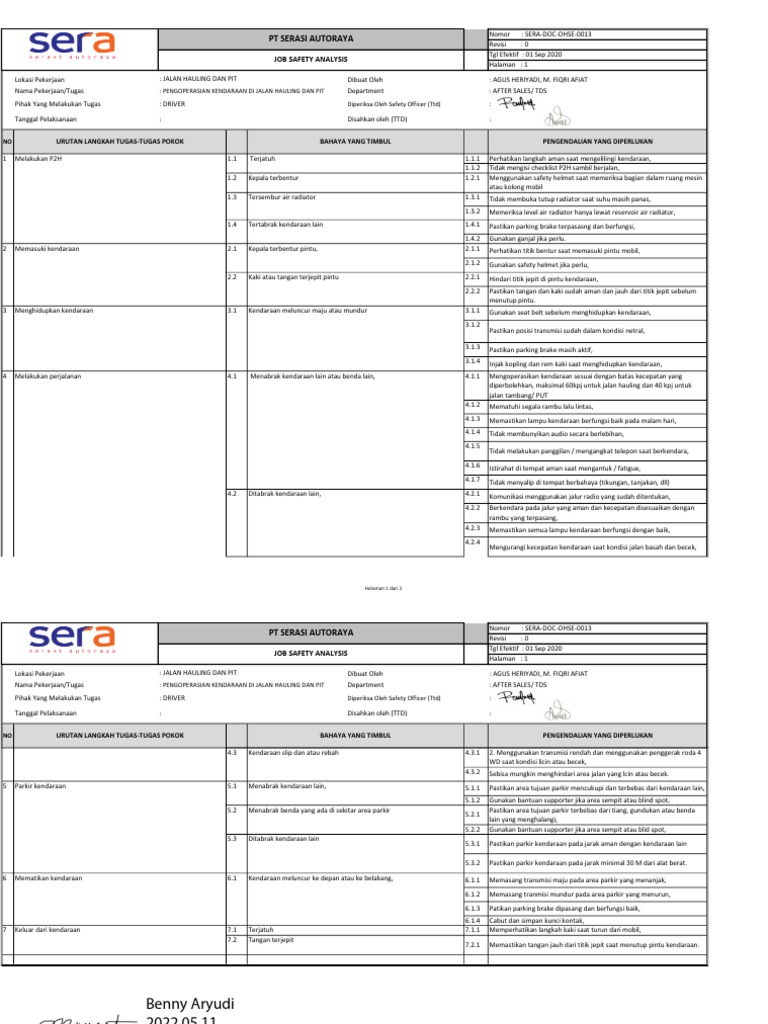 JSA Mengoperasikan Kendaraan Di Jalan Hauling SERA-DOC-OHSE-13 | PDF