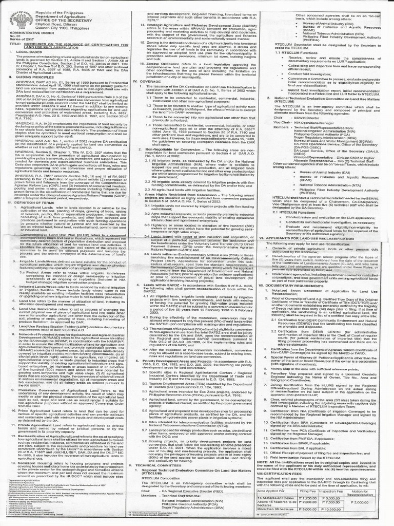 DA AO No. 1 s2017 Guidelines On The Issuance of Certification For Land ...