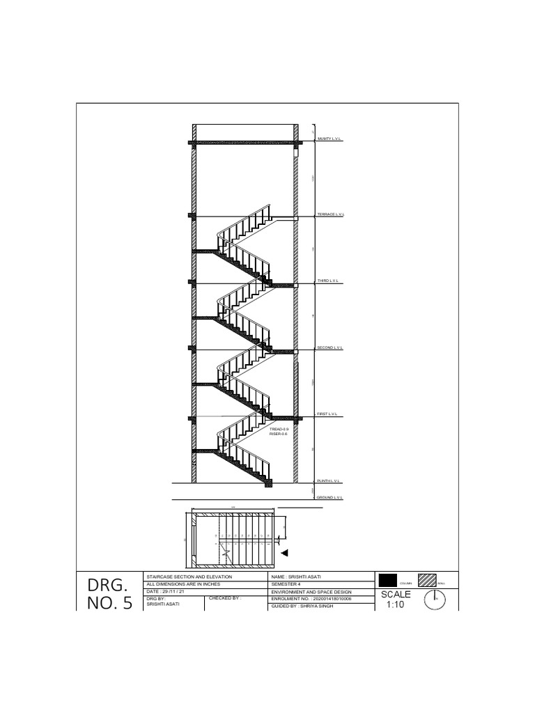 A detailed section and elevation drawing of a staircase showing ...