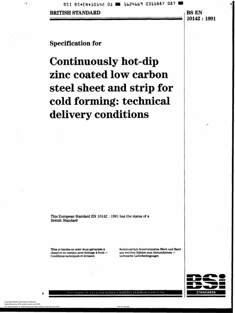 Bsi 10142 Hot Diped Steel Sheets | PDF | Sheet Metal | Galvanization