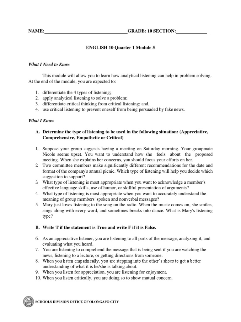 English-10 Q1 Module5 M.-Gonzales-Split | PDF | Critical Thinking | Thought