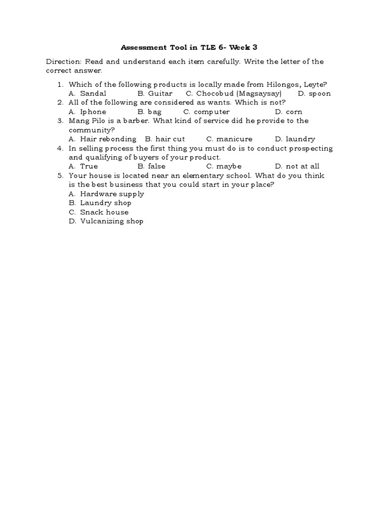 Assessment Tool in TLE 6 - Week 3 | PDF
