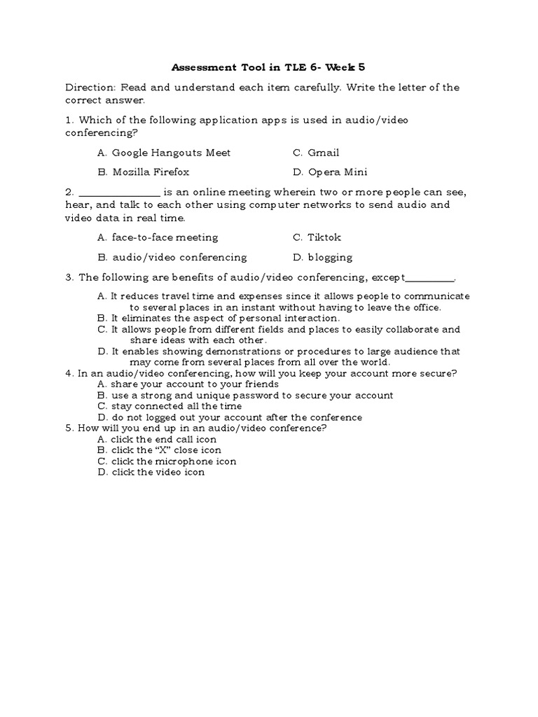 Assessment Tool in TLE 6 - Week 5 | PDF
