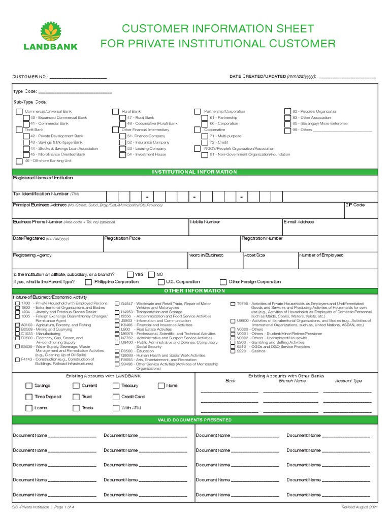 Landbank Customer Information Sheet Corporation | PDF | Banks | Cheque