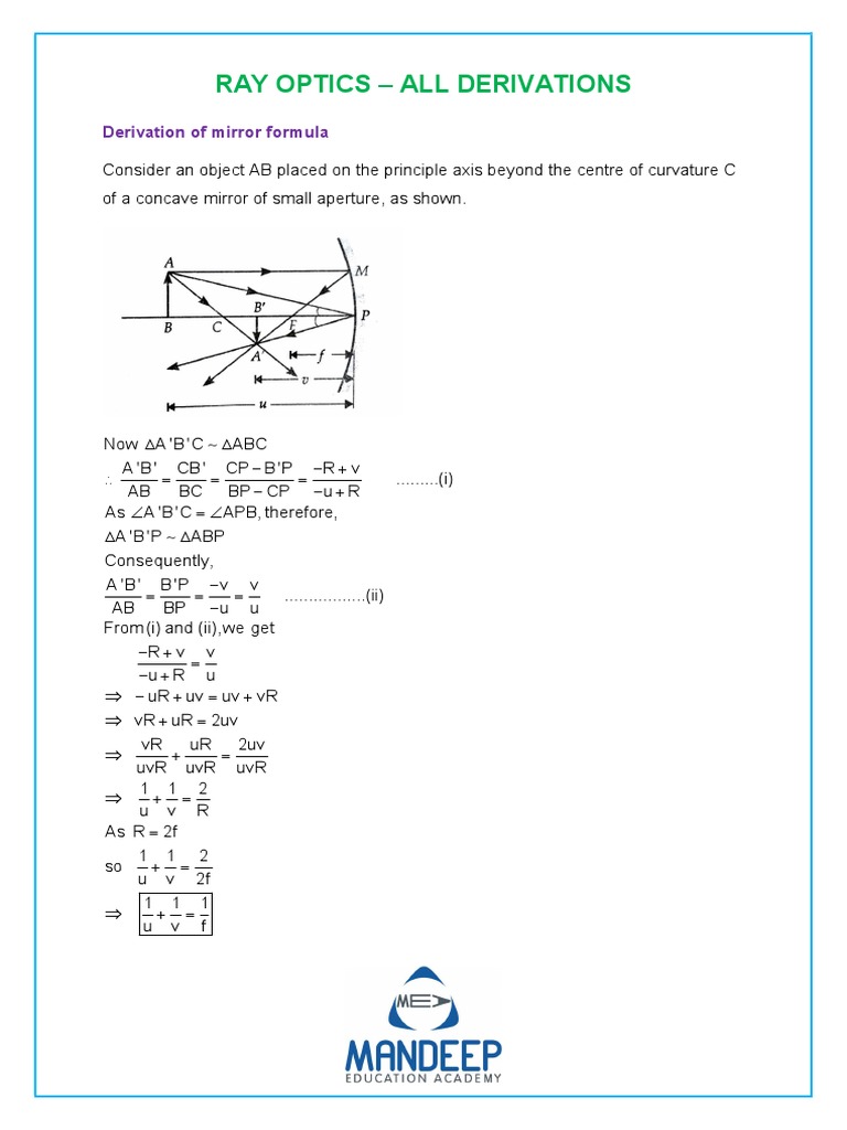 Ray Optics All Derivations | PDF | Atomic | Optics